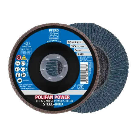 Disco de láminas lijadoras POWER POLIFAN PFC Z40 SG STEELOX para acero/acero inoxidable de Pferd