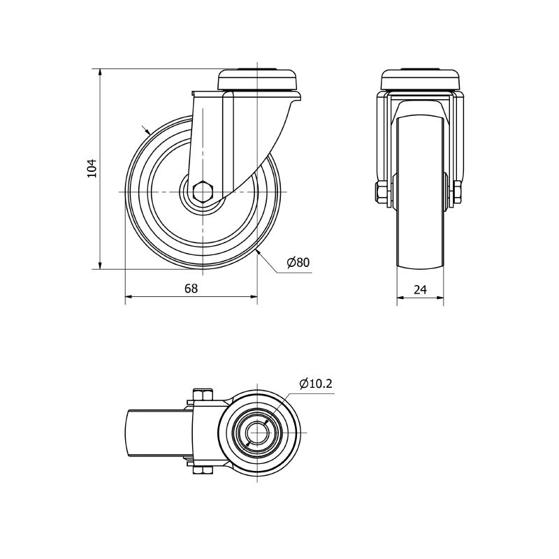 Ruedas Giratorias de Goma Gris con Agujero Pasante Ø50 a Ø100 mm ...